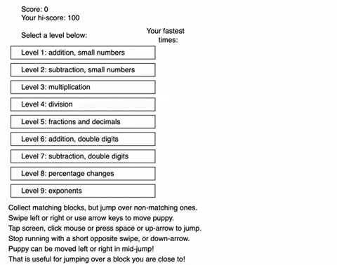 Platformer-style math game, ranges from addition to exponents, runs in ...